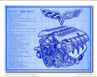 2006-2013 427 LS7 Z06 Corvette Engine Blueprint Series Poster Art Print ...