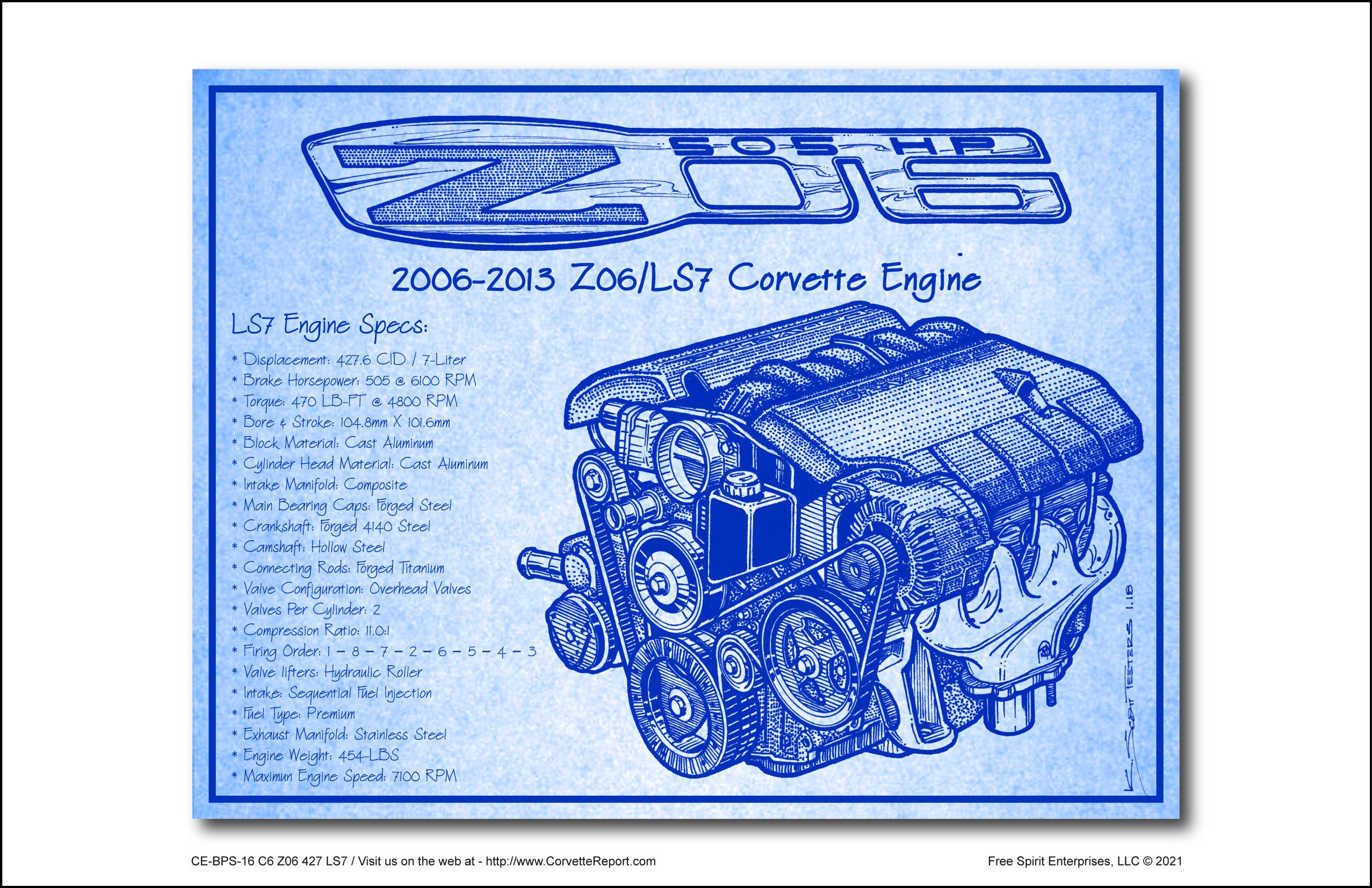2006-2013 427 LS7 Z06 Corvette Engine Blueprint Series Poster Art Print ...