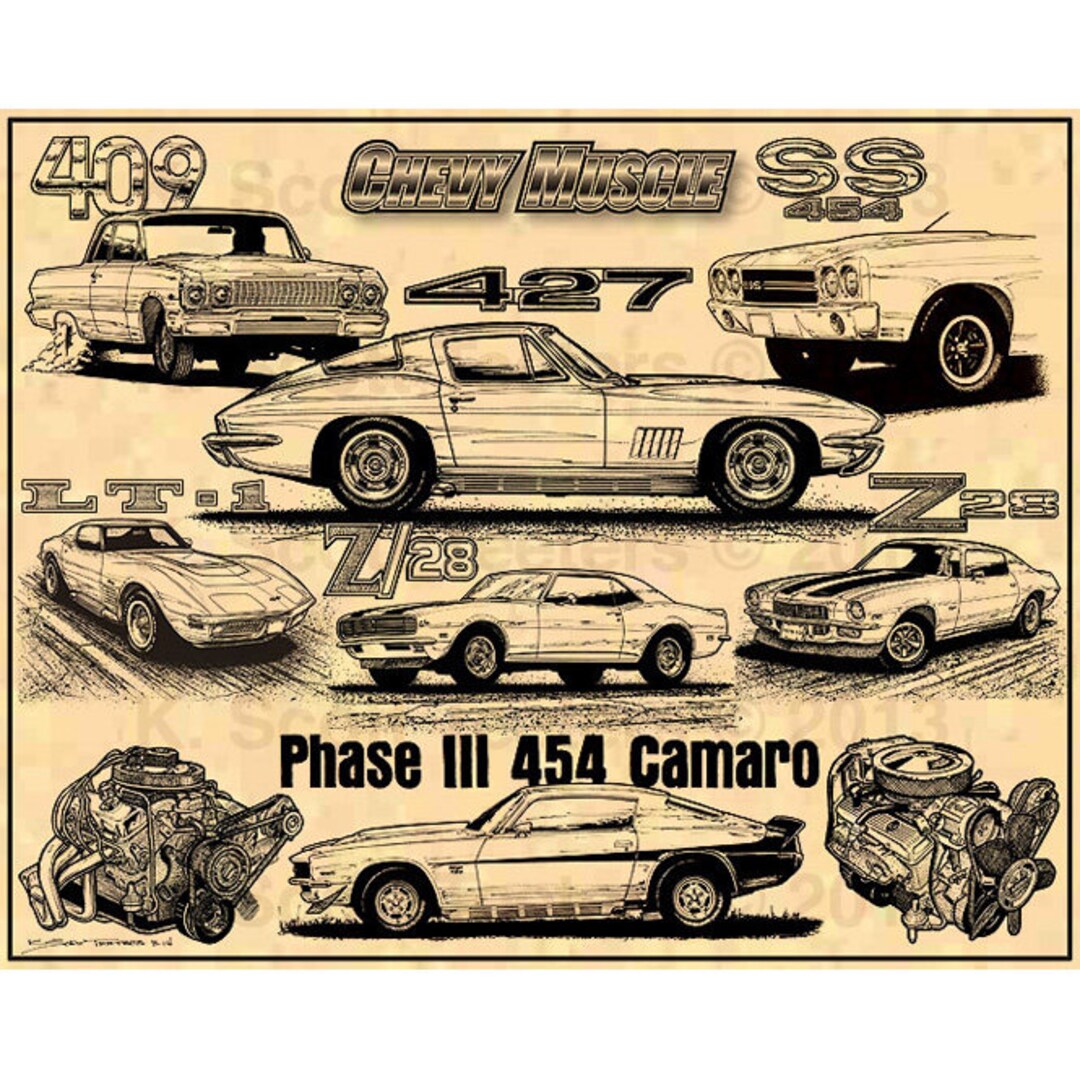 Chevy Musclecar Montage - Car Art Print, 409, SS454, 427,Z 28,454 ...
