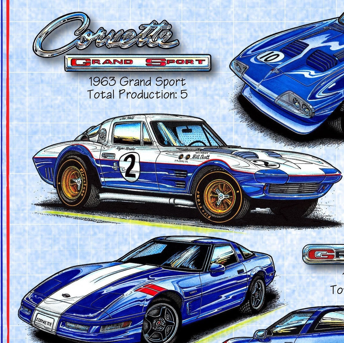 Grand Sport Corvettes 1963, 1996, 2010-2013 Art Canvas Poster, C2, C4 ...