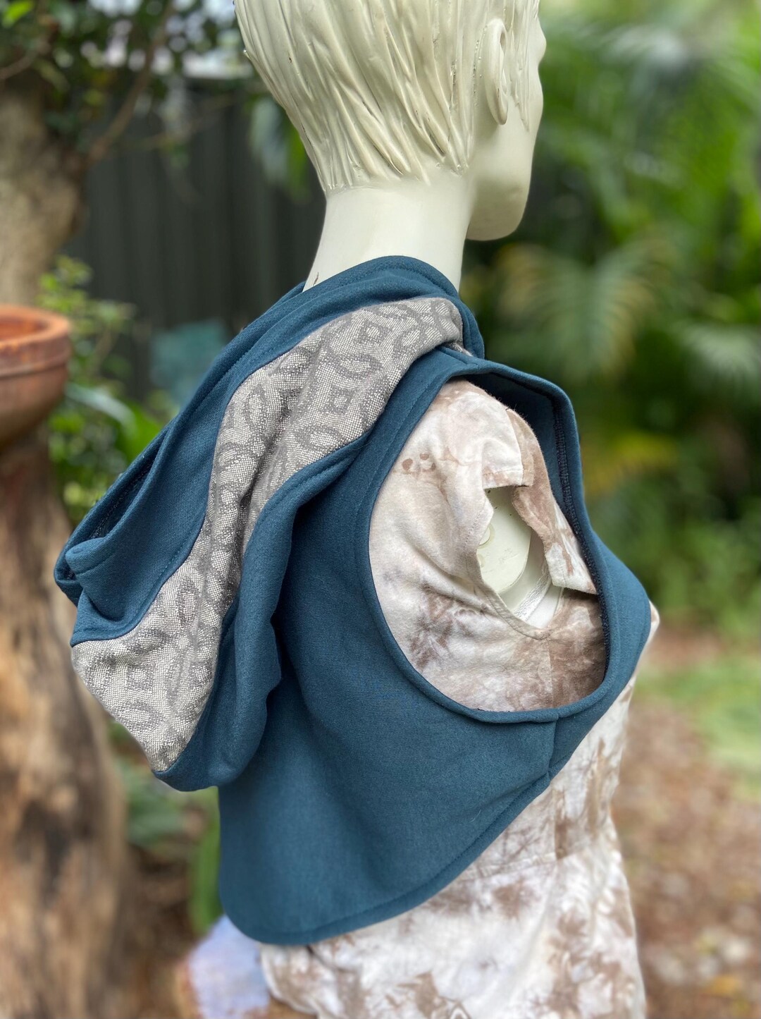 Elf Vest With Hood. Forest Green Fleece and Grey Brocade Short Hoodie ...