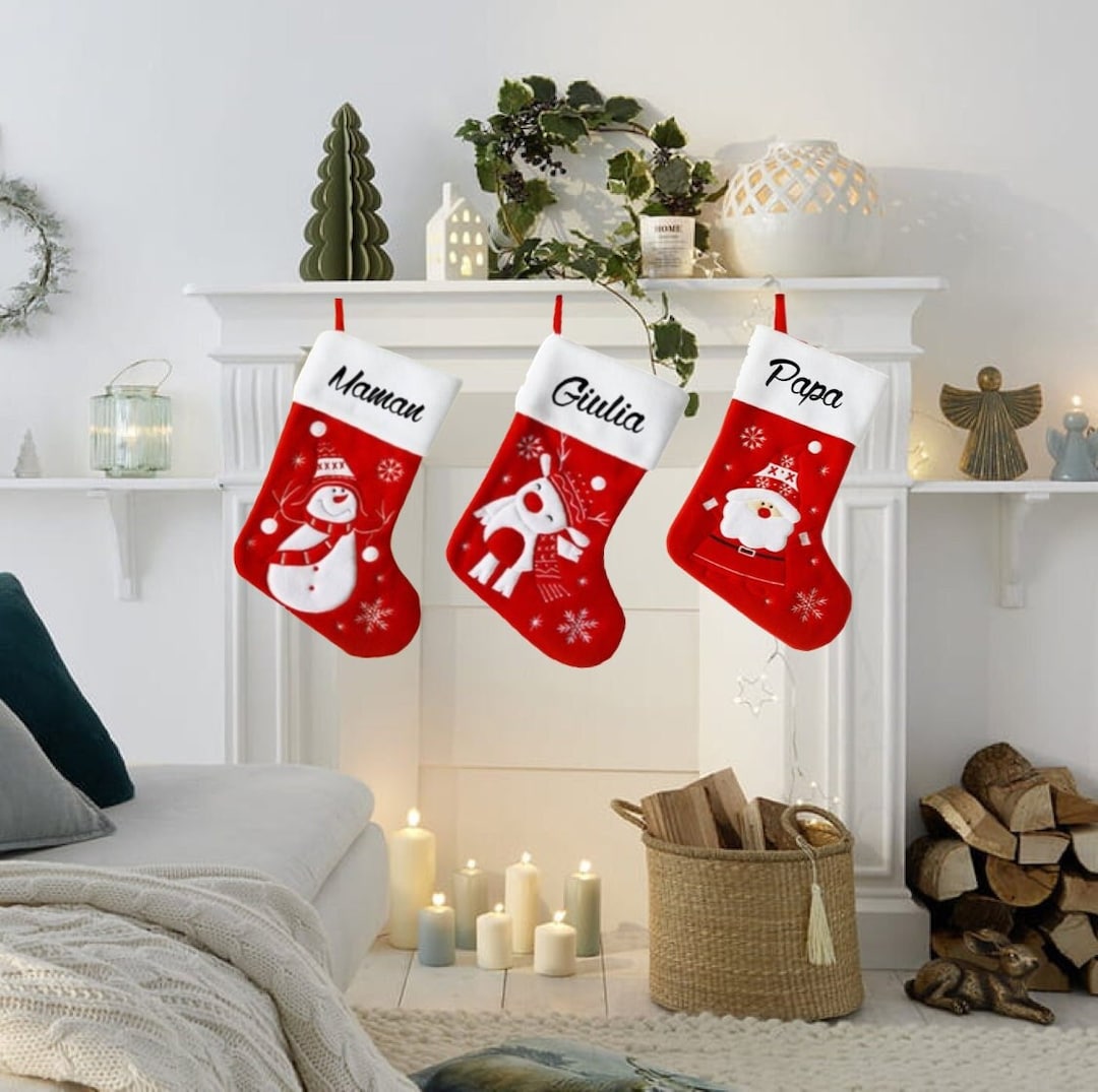 Grande botte chaussette de Noël personnalisée motif Père Noel renne ...