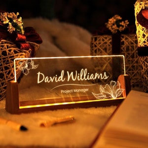 Personalized Desk Nameplate With Wooden Base, Lighted Acrylic Name Sign ...