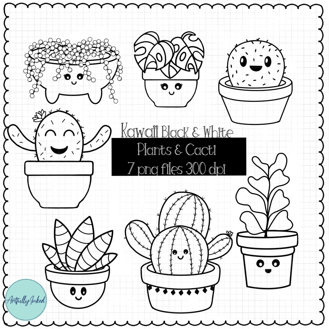 Kawaii Plants and Cacti- Black Outline Clip Art Set of Cute Cacti ...
