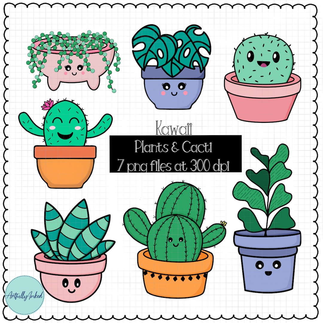 Kawaii Plants and Cacti- Colorful Clip Art Set of Cute Cacti, Fiddle ...