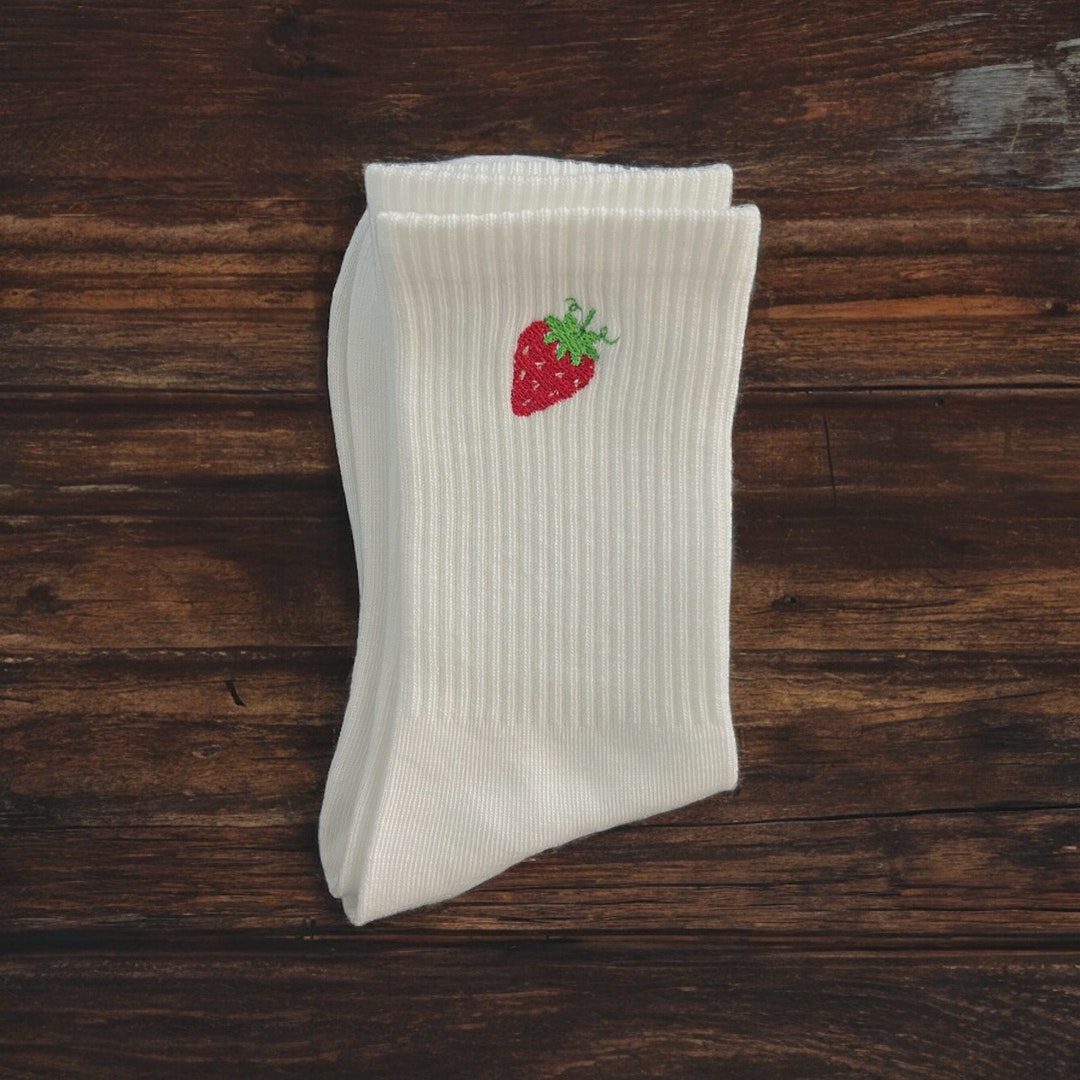 Strawberry Embroidered Crew Socks for Women | Crew Socks | Cute Socks ...