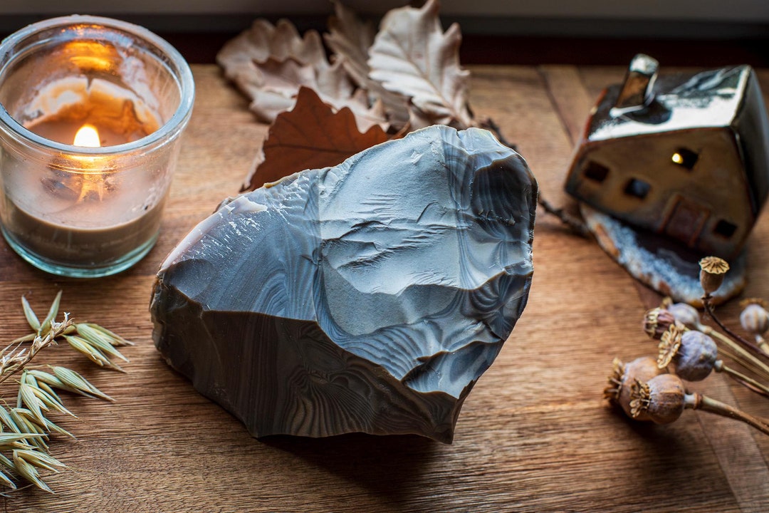 Rare Stunning Natural Flint Stone, 867g Tan Crystal Striped Rough Stone ...