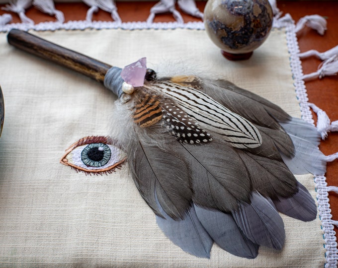 Smudge Feather Fan. Muscovy Duck, Pheasant, Owl Feathers & Pink Quartz ...