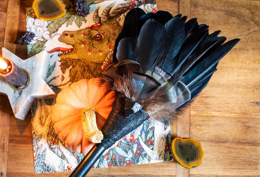 Black Crow Feather Smudge Fan & Black Turmaline Crystal: Cleansing ...