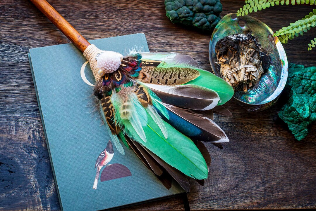 Green Witch Smudge Feather Fan. Pheasant, Duck, Goose Feathers ...
