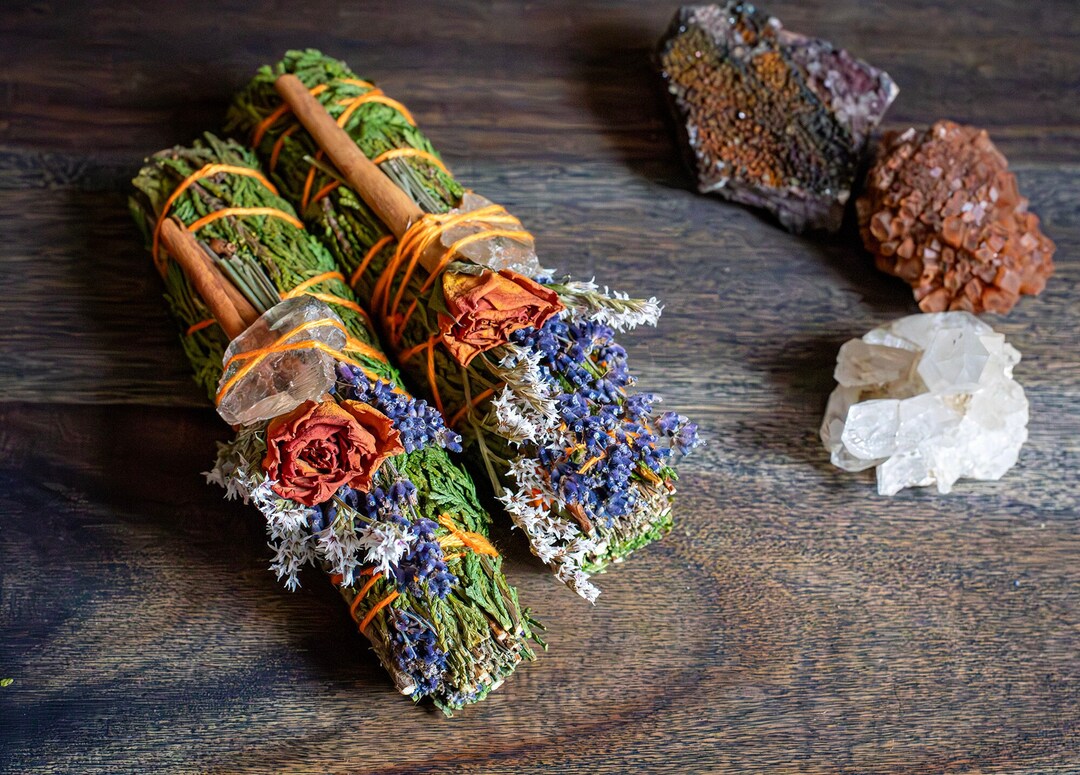 Cedar & Lavender Smudge Stick Rose, Cinnamon With Clear Quartz Crystal ...