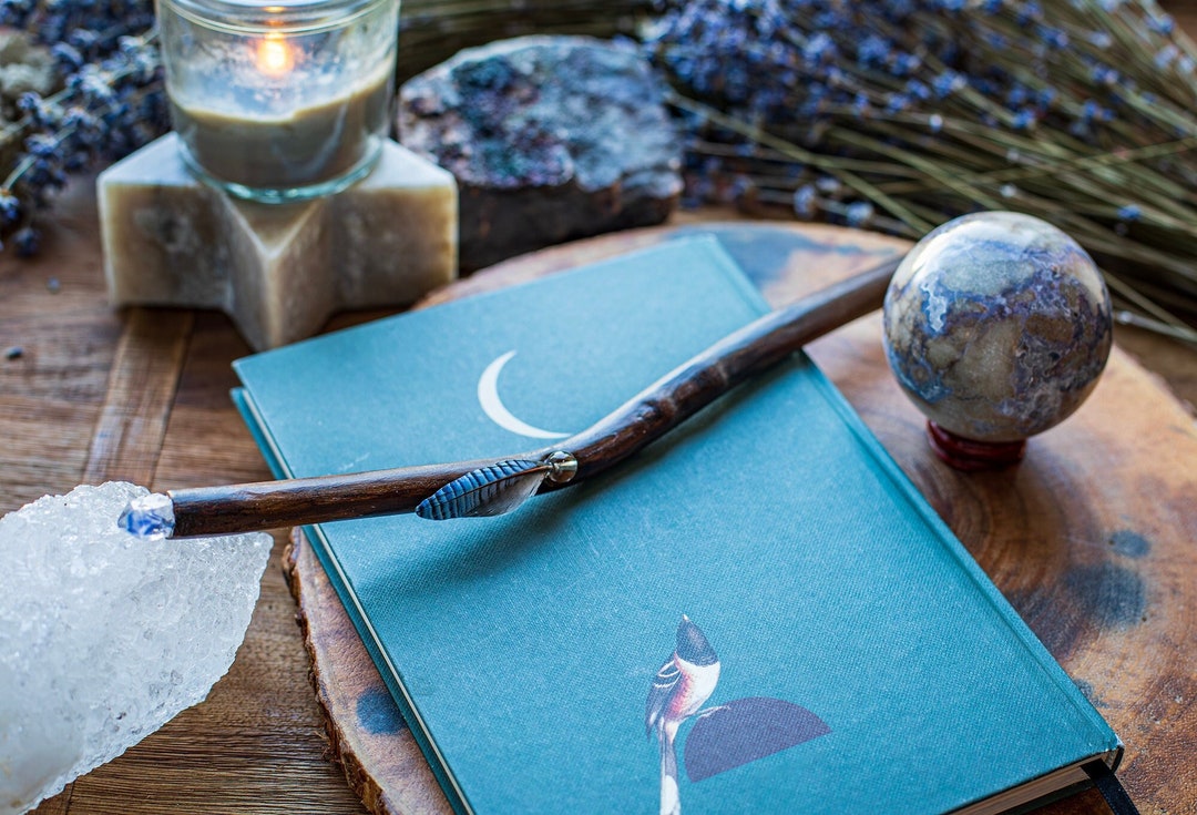 Wooden Crystal Wand With Blue Jay Feather, Rare Dumortierite Crystal ...