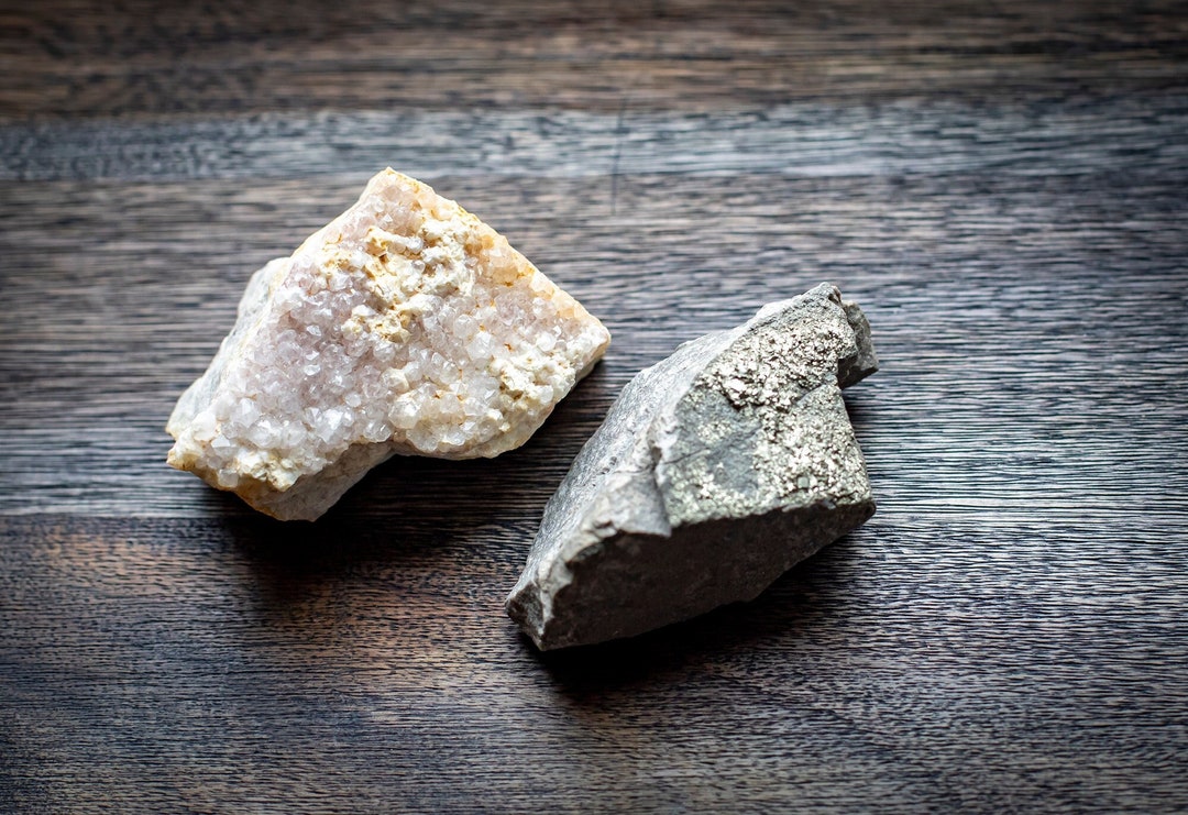 Natural Light Pink Quartz Crystals & Pyrite on Quartzite, 2 Specimens ...