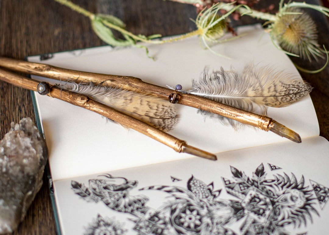 ONE Wooden Crystal Wand With Owl Feather, Smoky Quartz, Rustic Magic ...