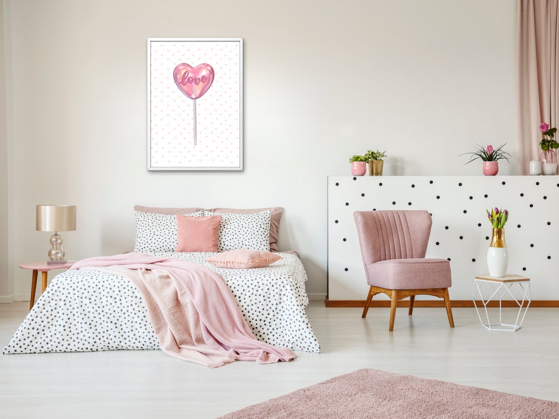 Retro Pink Lollipop Heart Love Print, Retro Girly Room Decor ...