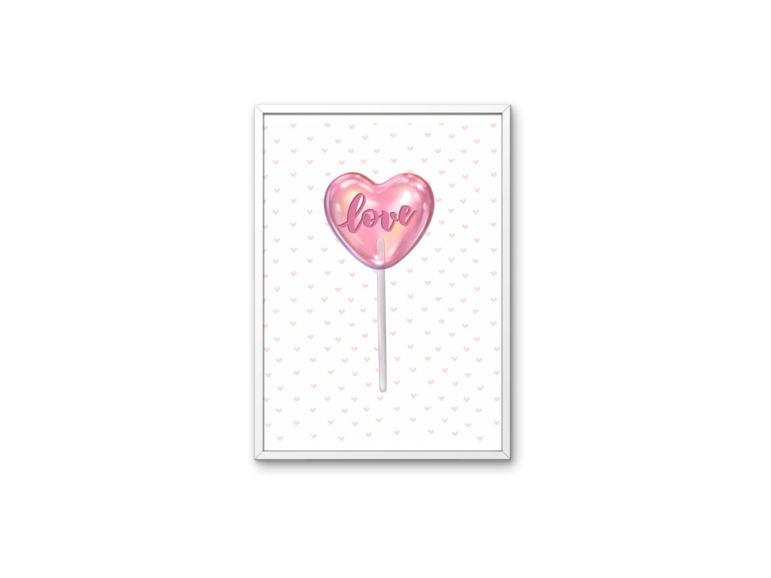 Retro Pink Lollipop Heart Love Print, Retro Girly Room Decor ...
