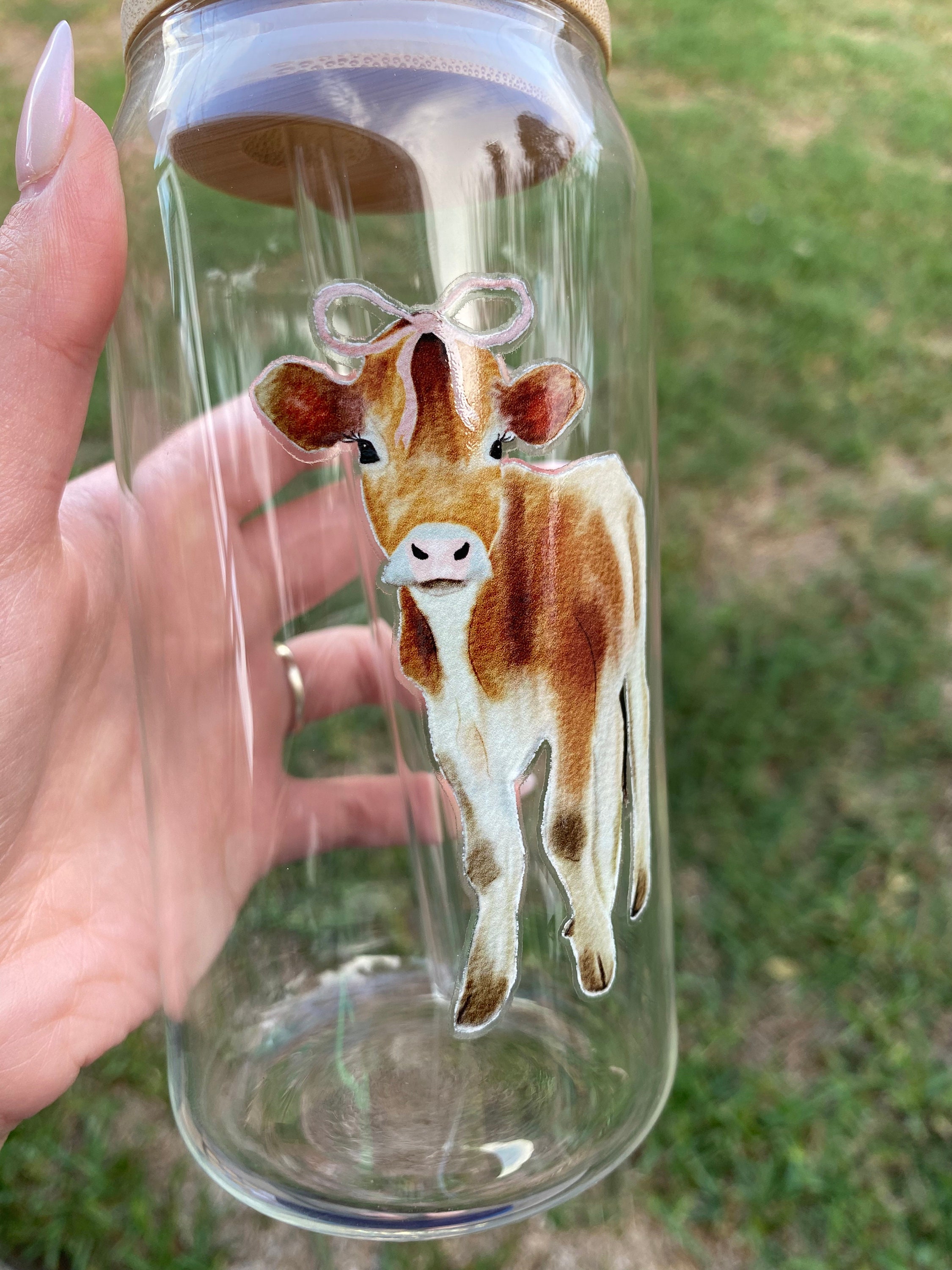 Watercolor Cow Glass Can Cup Tumbler Hand Drawn Design Gift for Friend ...