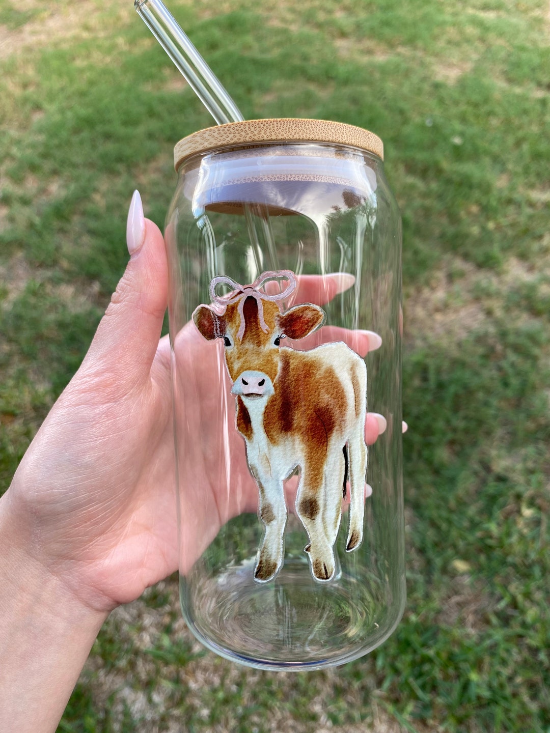 Watercolor Cow Glass Can Cup Tumbler Hand Drawn Design Gift for Friend ...