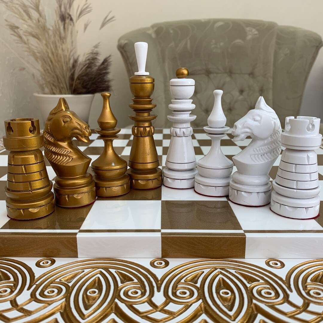 Chess Pieces Gold & White , Wooden Gloss Chess Set Only, Unique Large ...
