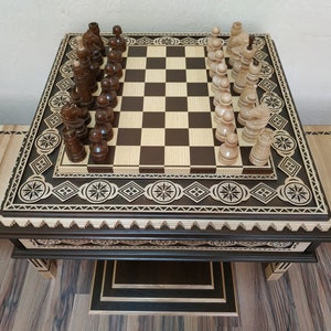 Wooden Chess Table Set: Ash Wood, Storage, Two Stools - Etsy