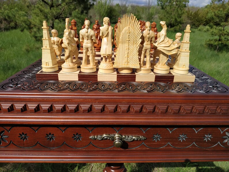 Handmade Wooden Chess Set: Knights Vs Thrones Pieces, Carved Table With ...