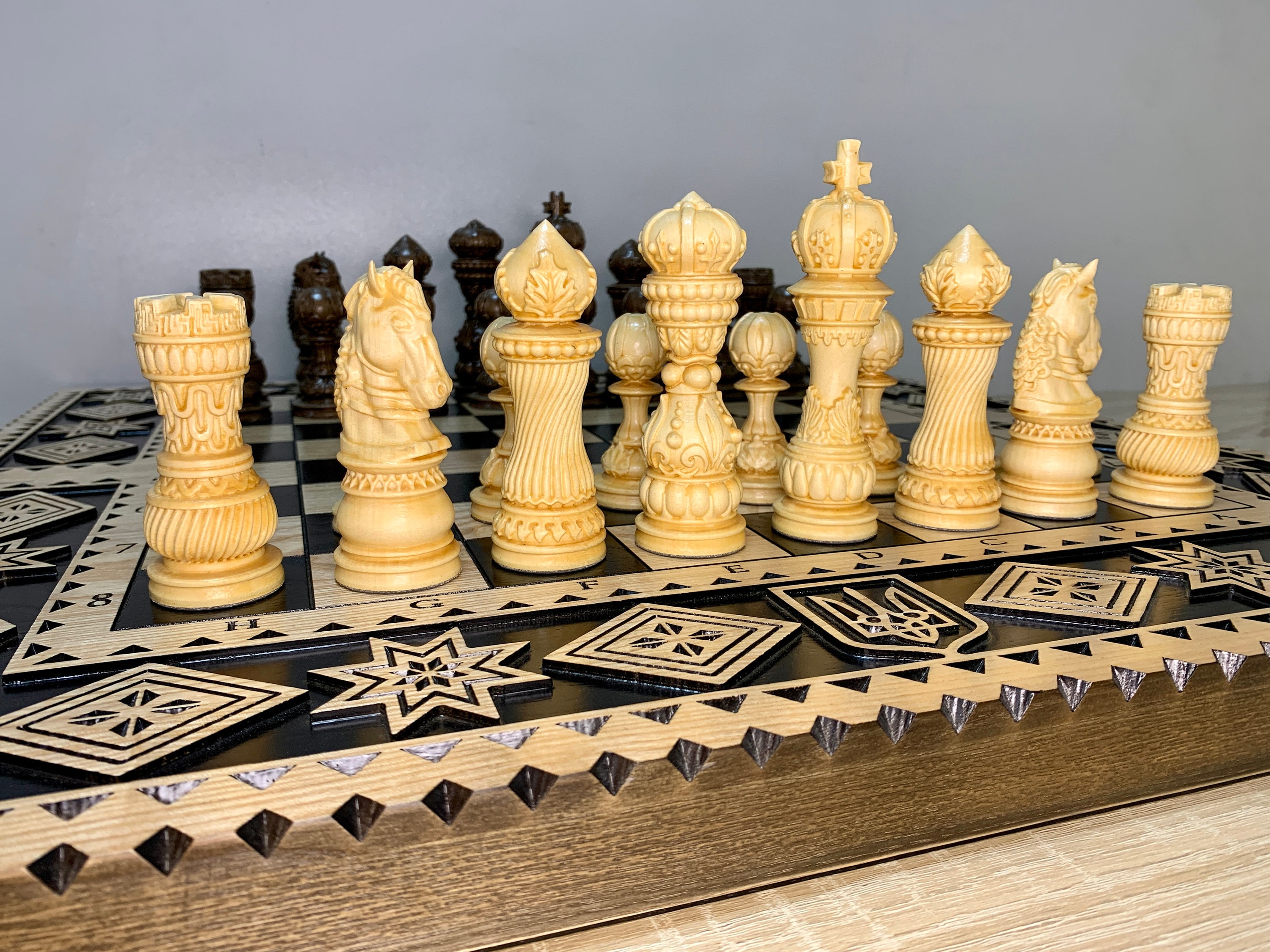 Wooden Chess Board + Chess Pieces Ukrainian Trident Folding Board Soft ...