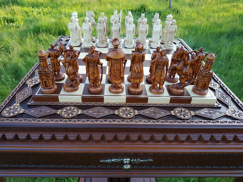 Handmade Ash Wood Chess Table Set: Storage, Stools, Knights/cossacks ...