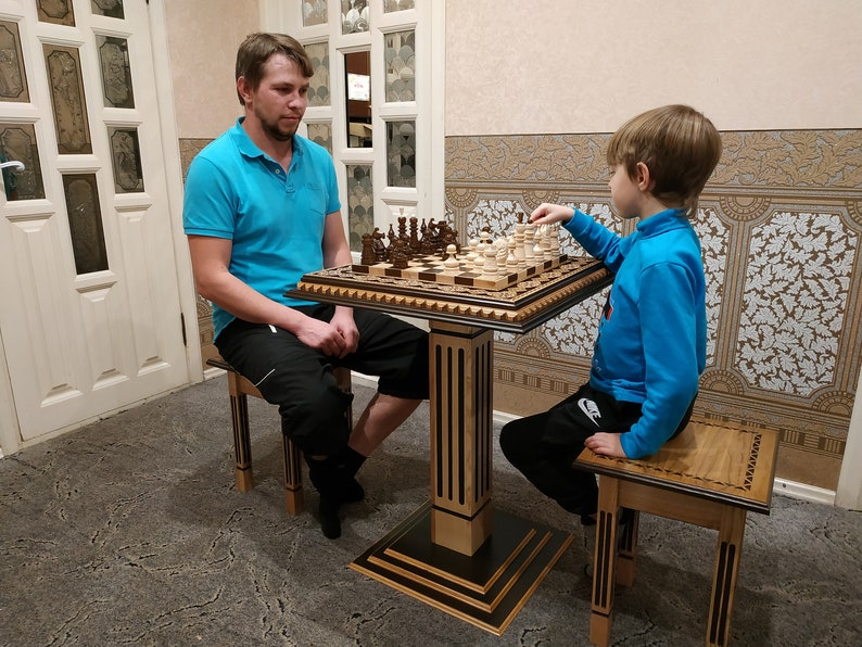Handmade Wooden Chess Set Table With Stools: Ash & Maple Wood Carving ...