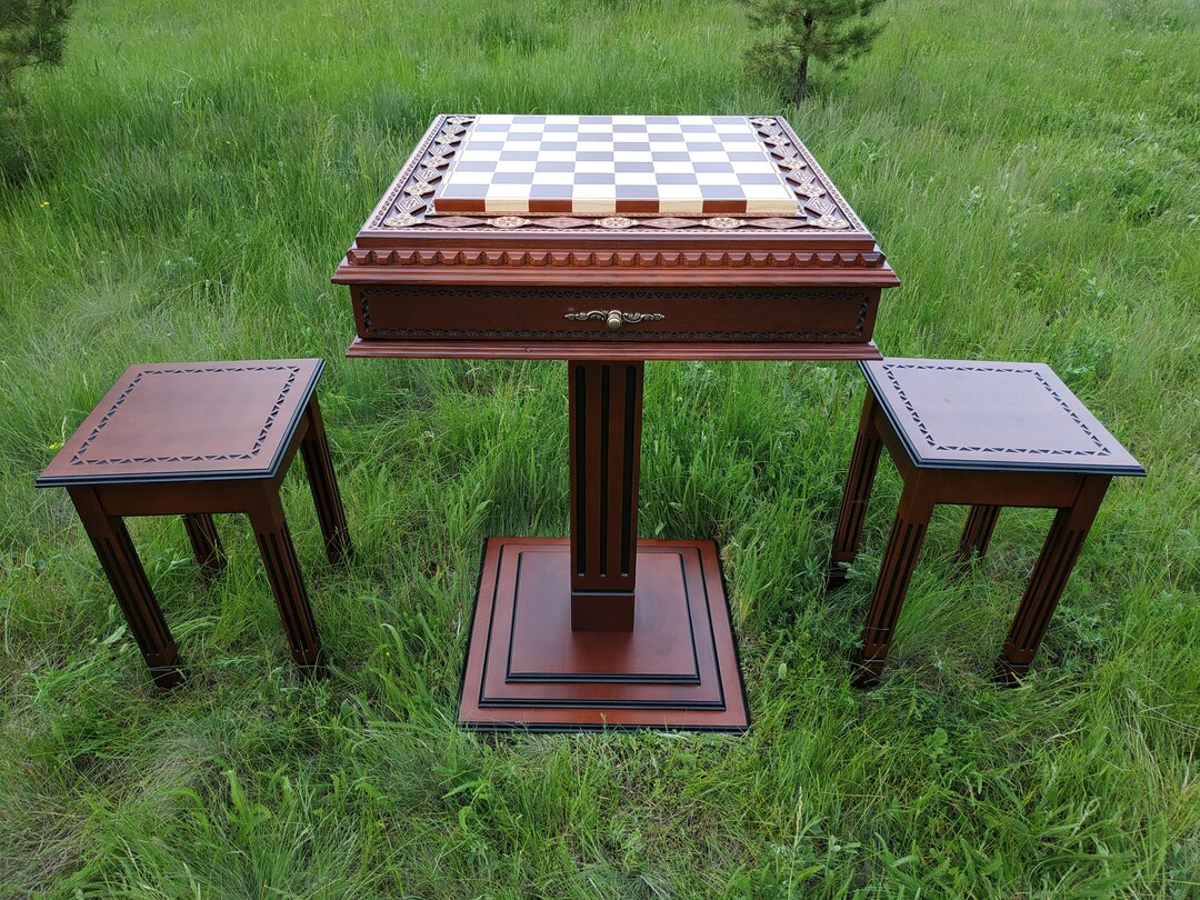Battle for Kings- Wooden Chess Table, Storage for Pieces+two Stools Ash ...