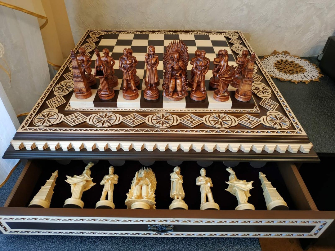 Handmade Wood Carved Chess Set: Maple & Walnut Board, Unique Pieces - Etsy