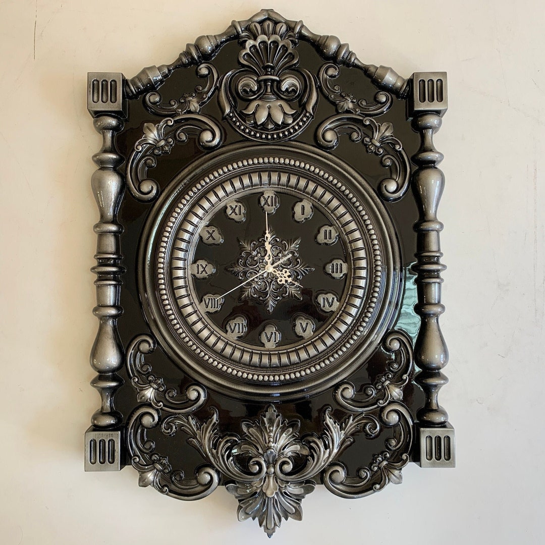 Baroque Style Wooden Wall Clock: Black & Gray Patina, Handmade Carved ...