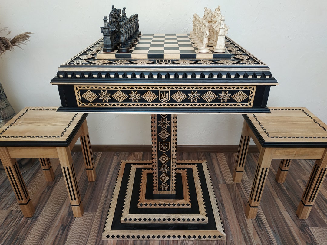 Handmade Wooden Chess Table Set: Ash Wood, Storage, Two Stools - Etsy