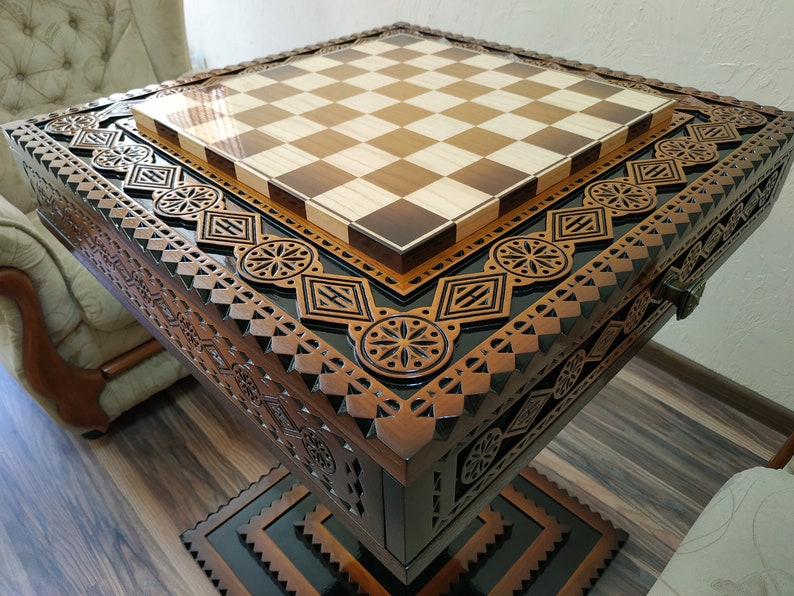Hand-carved Ash Wood Chess Table: Ombre Finish, Storage Drawers - Etsy