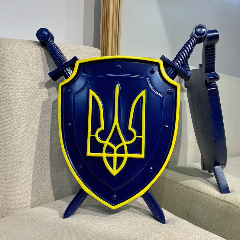 Ukrainian Trident Wooden Coat of Arms of Ukraine Shield With Swords ...