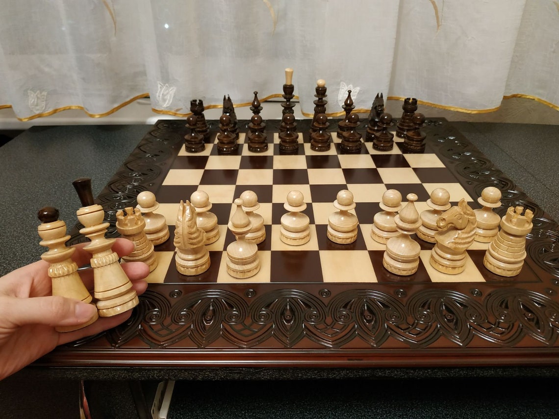 Chess set board wooden classical pieces wood carving handmade | Etsy