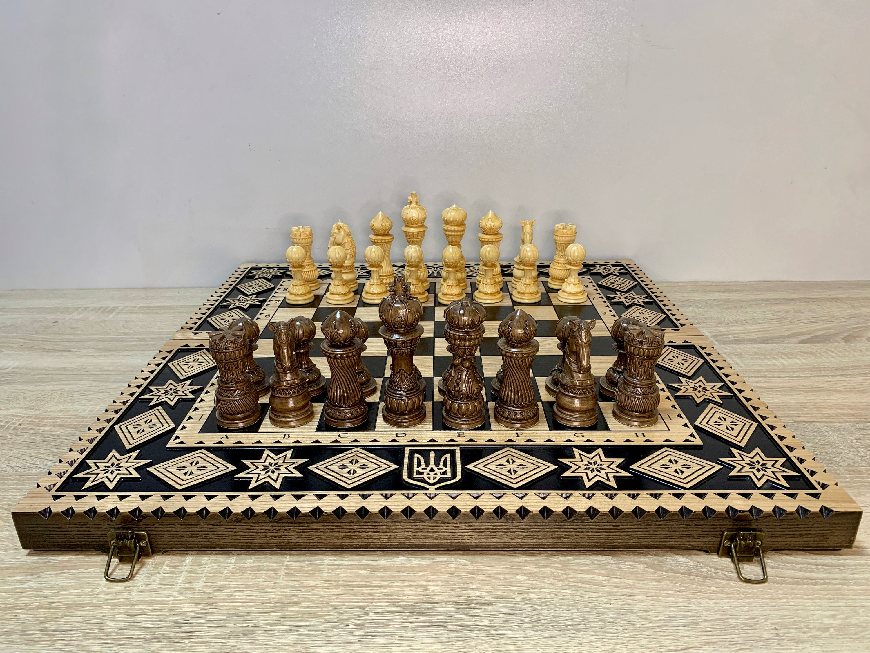 Wooden Chess Board + Chess Pieces Ukrainian Trident Folding Board Soft ...