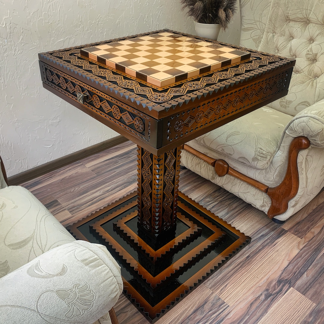 Hand-carved Ash Wood Chess Table: Ombre Finish, Storage Drawers - Etsy