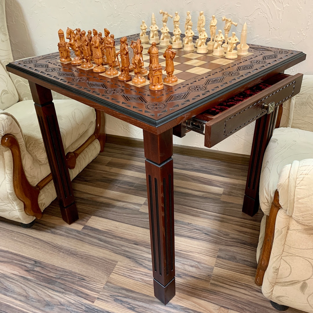 Wooden Chess Table and Unique Ukrainian Pieces Cossacs & Afu", Hand ...