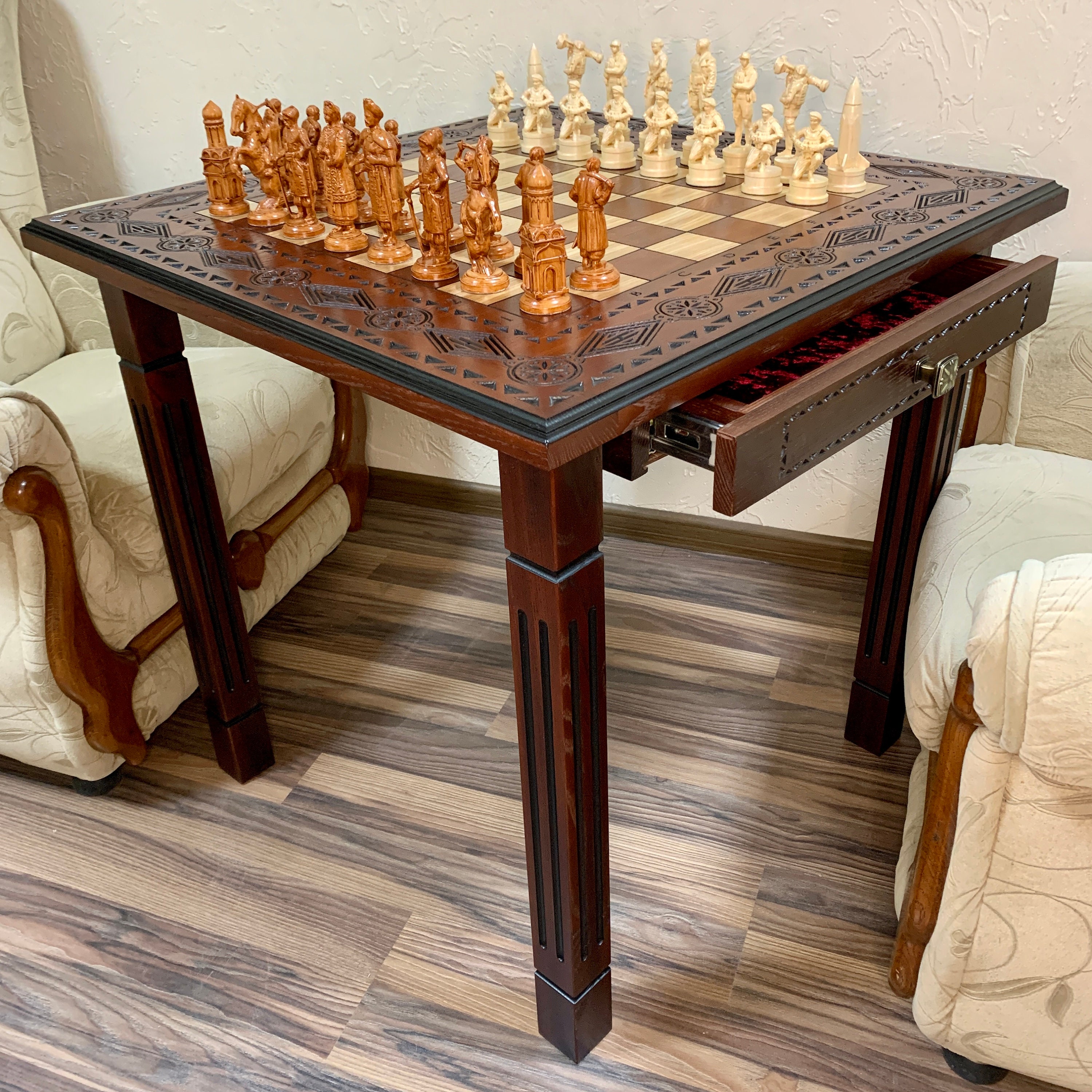 Wooden Chess Table and Unique Ukrainian Pieces Cossacs & Afu