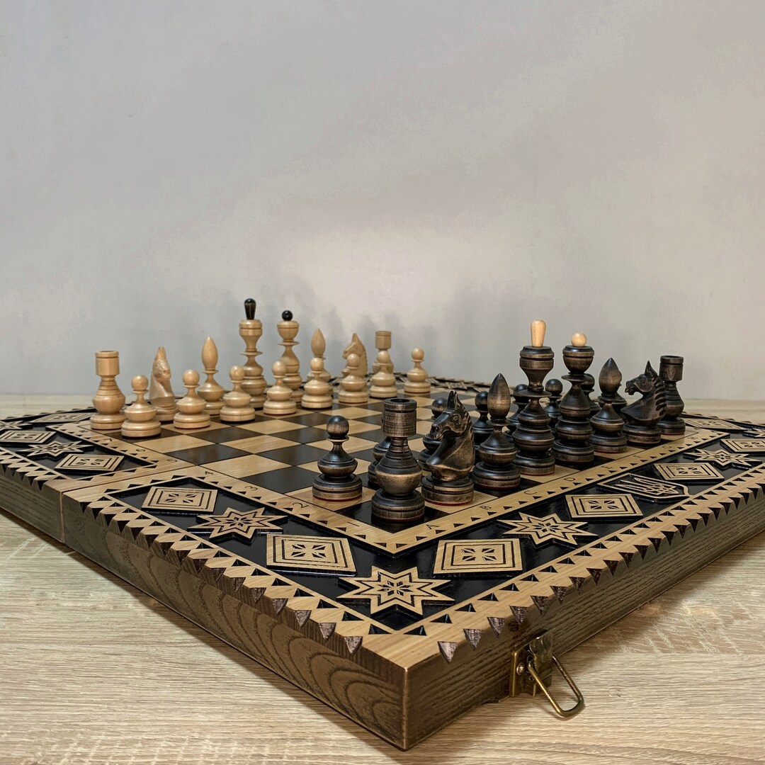 Wooden Chess Set Ukrainian Trident Chess Pieces Folding Board Soft ...