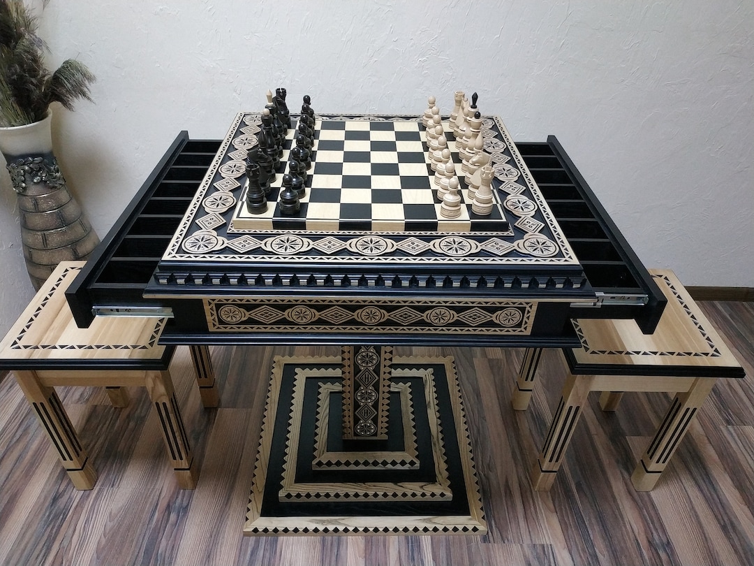Chess Table "bright Victory" in Black, Storage for "elite'' Pieces+two ...