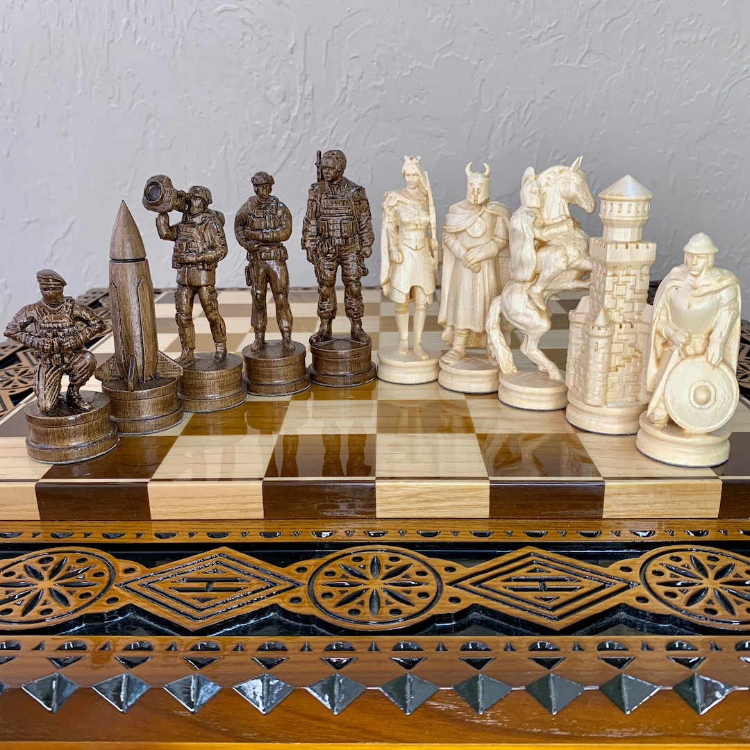 Wooden Chess Pieces "armed Forces of Ukraine+knights" Unique Ukrainian ...