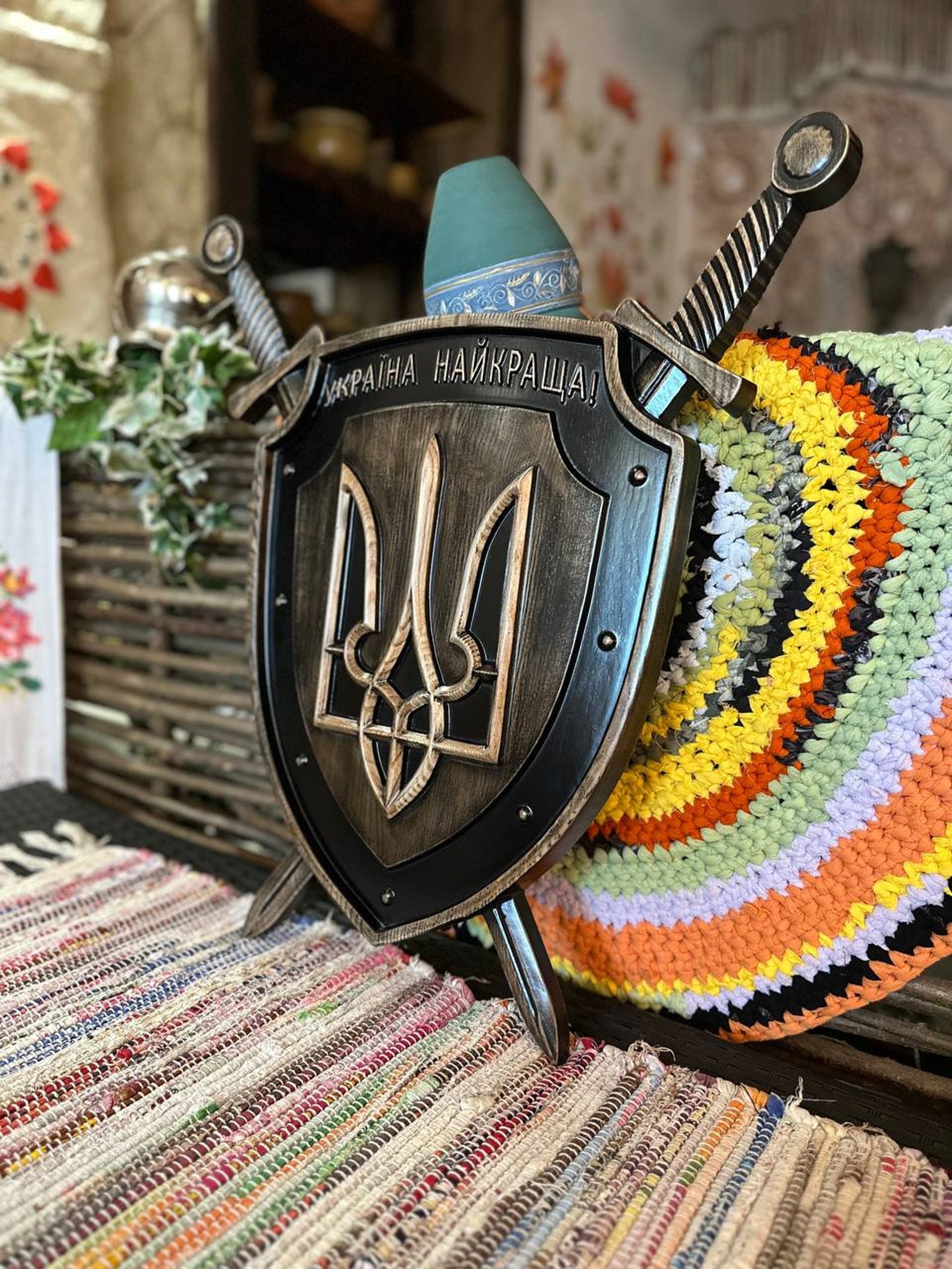 Ukrainian Trident Wooden Coat of Arms of Ukraine Shield With Swords ...