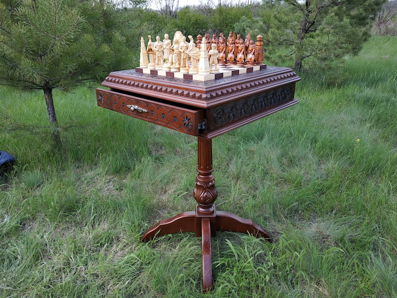 Handmade Wooden Chess Set: Knights Vs Thrones Pieces, Carved Table With ...