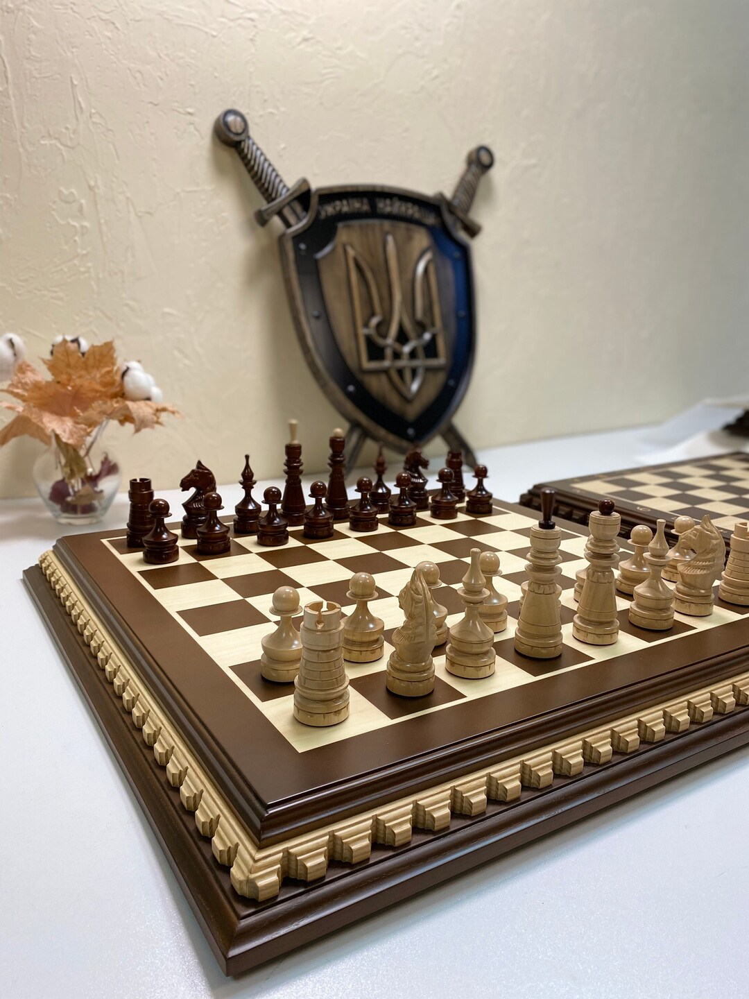 Wooden Classical Chess Board With Pieces Classic Luxe, Solid Ash Wood ...