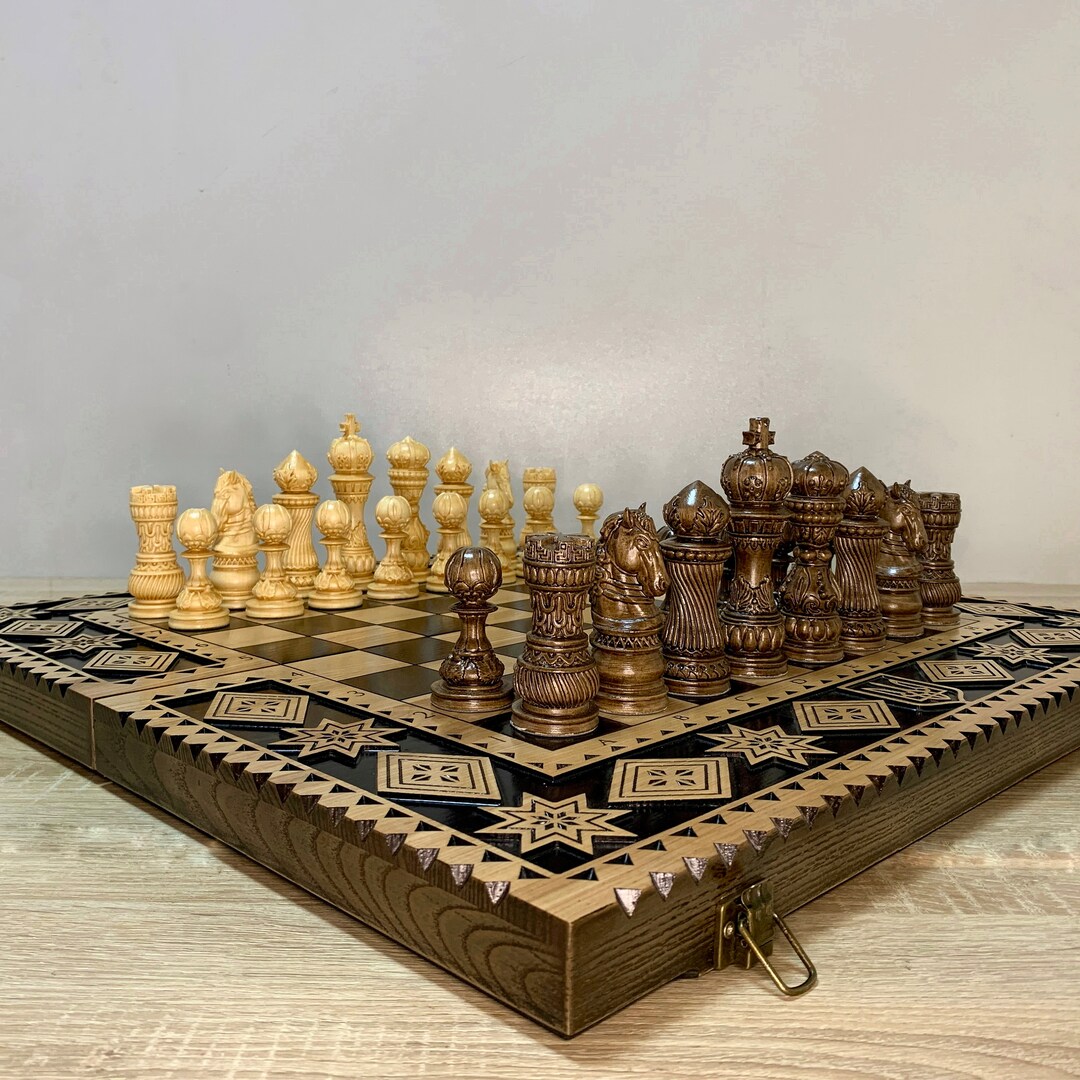 Wooden Chess Board + Chess Pieces Ukrainian Trident Folding Board Soft ...