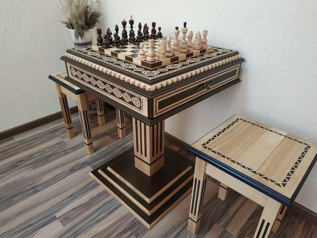 Wooden Chess Table Set: Ash Wood, Storage, Two Stools - Etsy