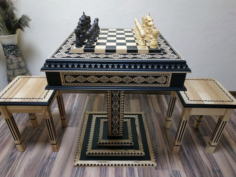 Black Ash Wood Chess Table Set: Elegant Classic Pieces & Stools - Etsy