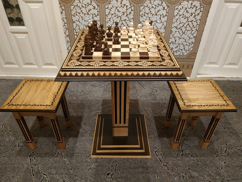 Handmade Ash Wood Chess Set Table With Stools: Modern Board Game - Etsy