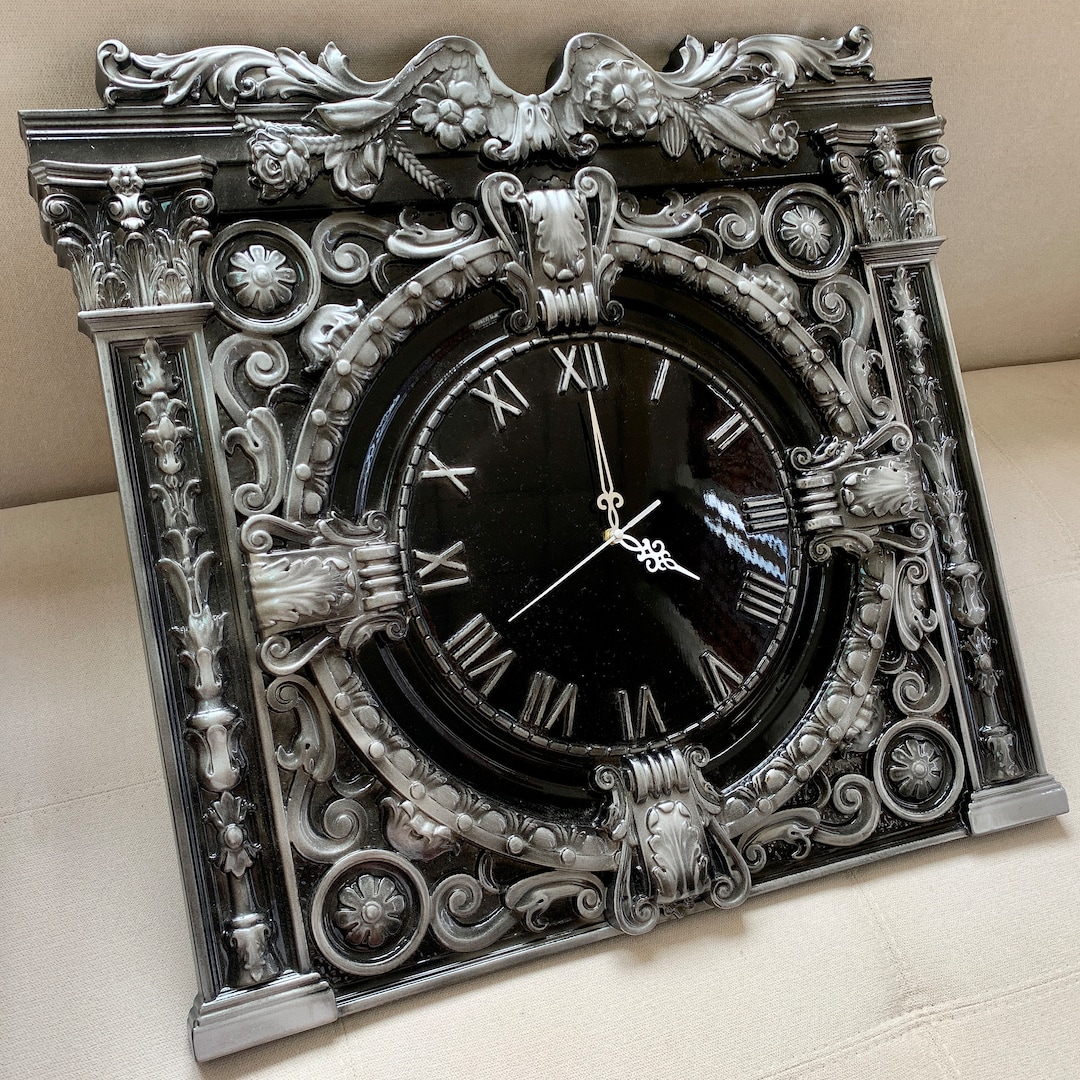 Handmade Baroque Style Wooden Wall Clock: Black & Gray Patina - Etsy